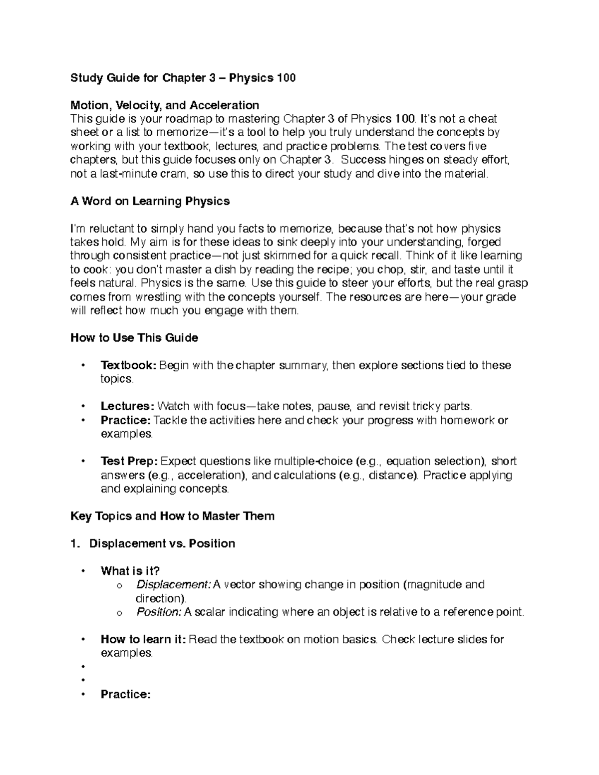 Study Guide for Chapter 3: Motion, Velocity, & Acceleration - Physics 100 - Studocu