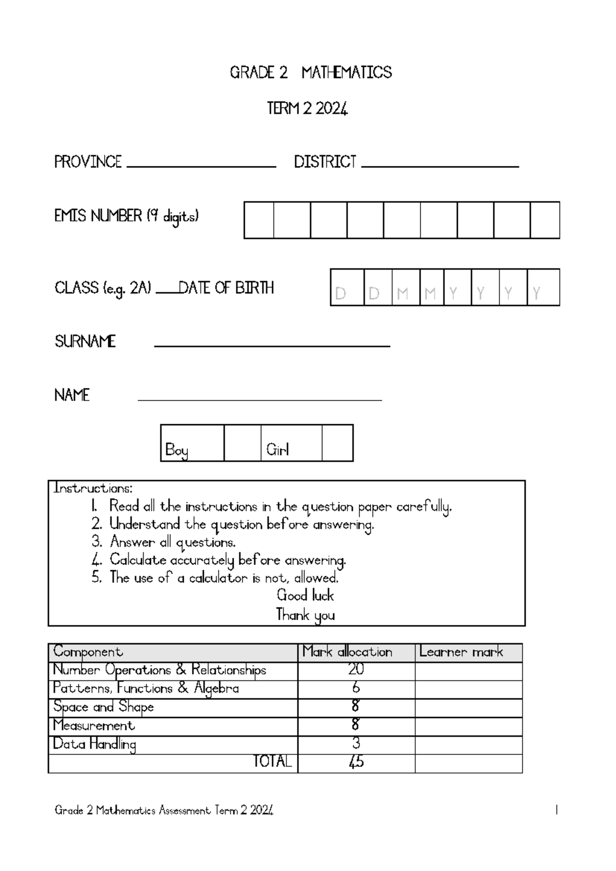 Grade 2 Mathematics Assessment Term 2 2024 - Studocu