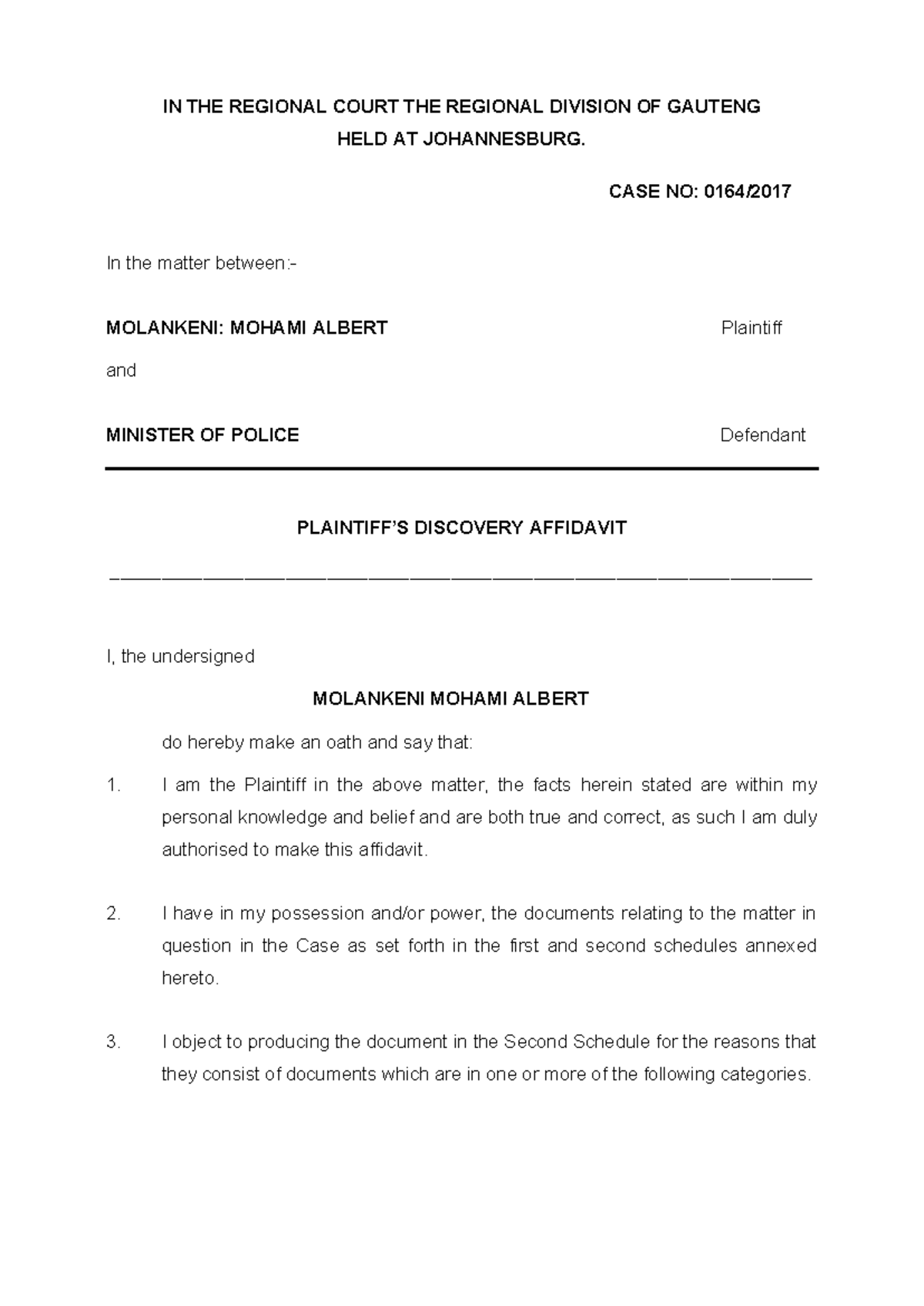 Discovery Affidavit Kometsi - IN THE REGIONAL COURT THE REGIONAL ...