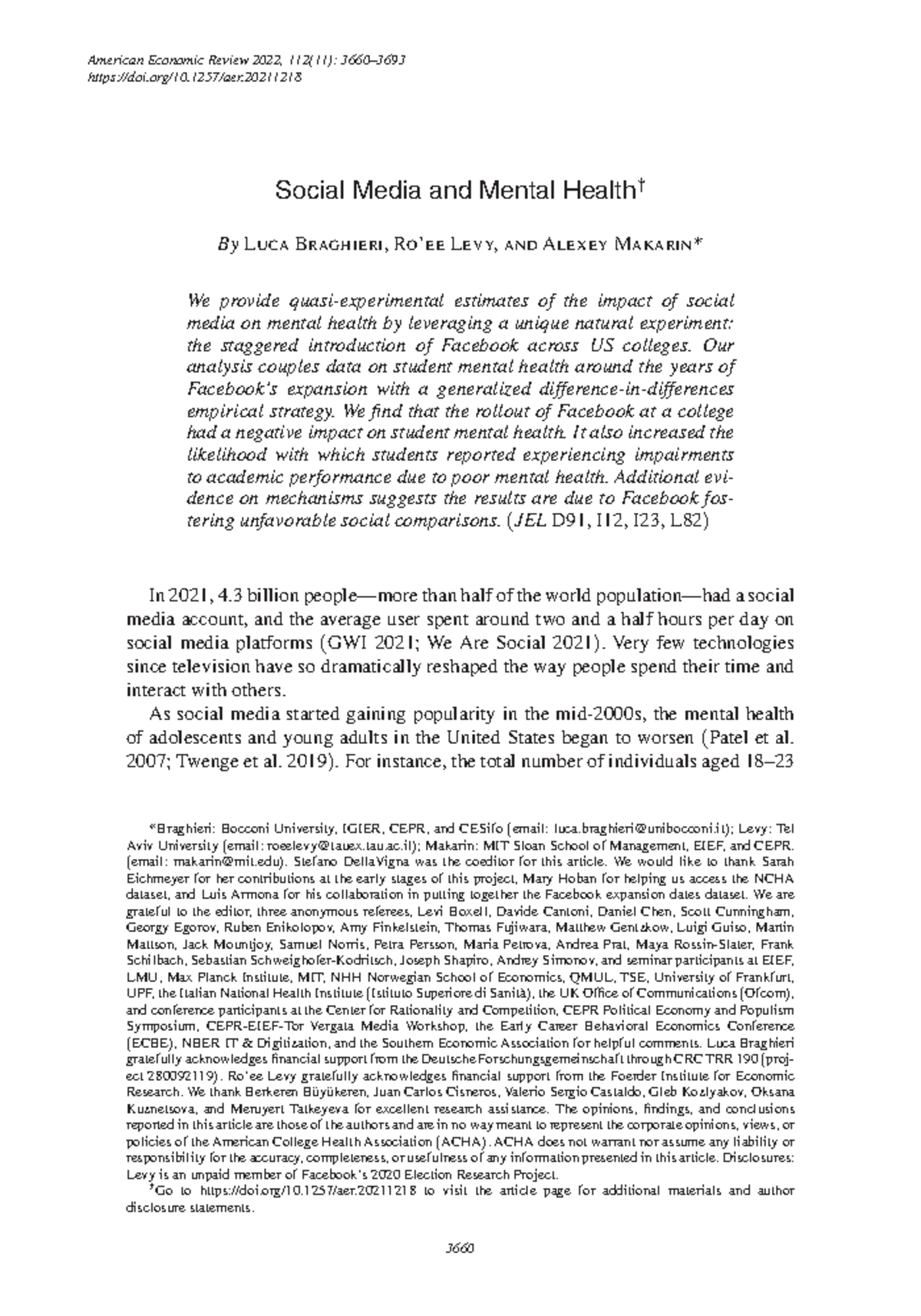Braghieri et al 2022 social media and mental health - American Economic ...