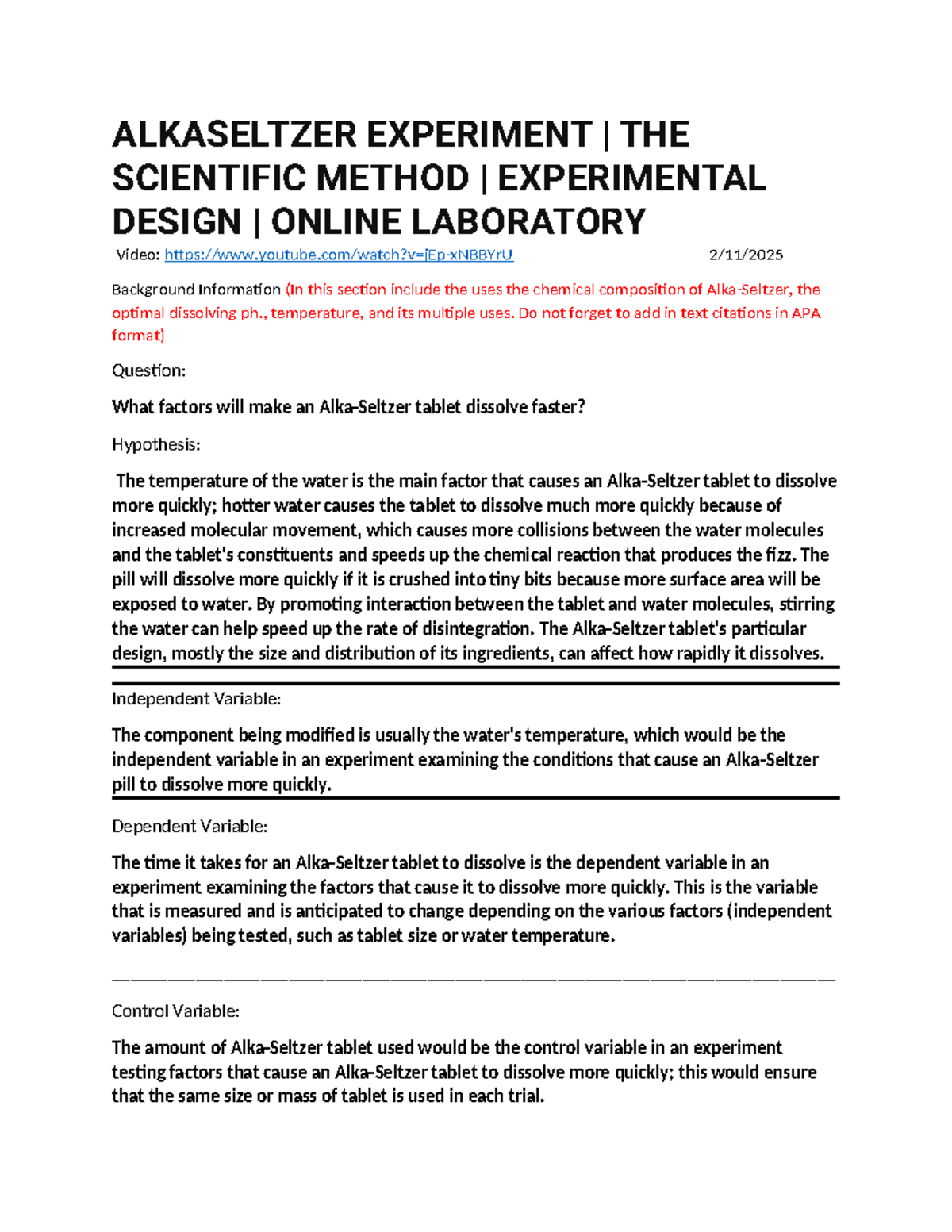 Alka-Seltzer Experiment Method Lab: Factors Affecting Dissolution Rate ...