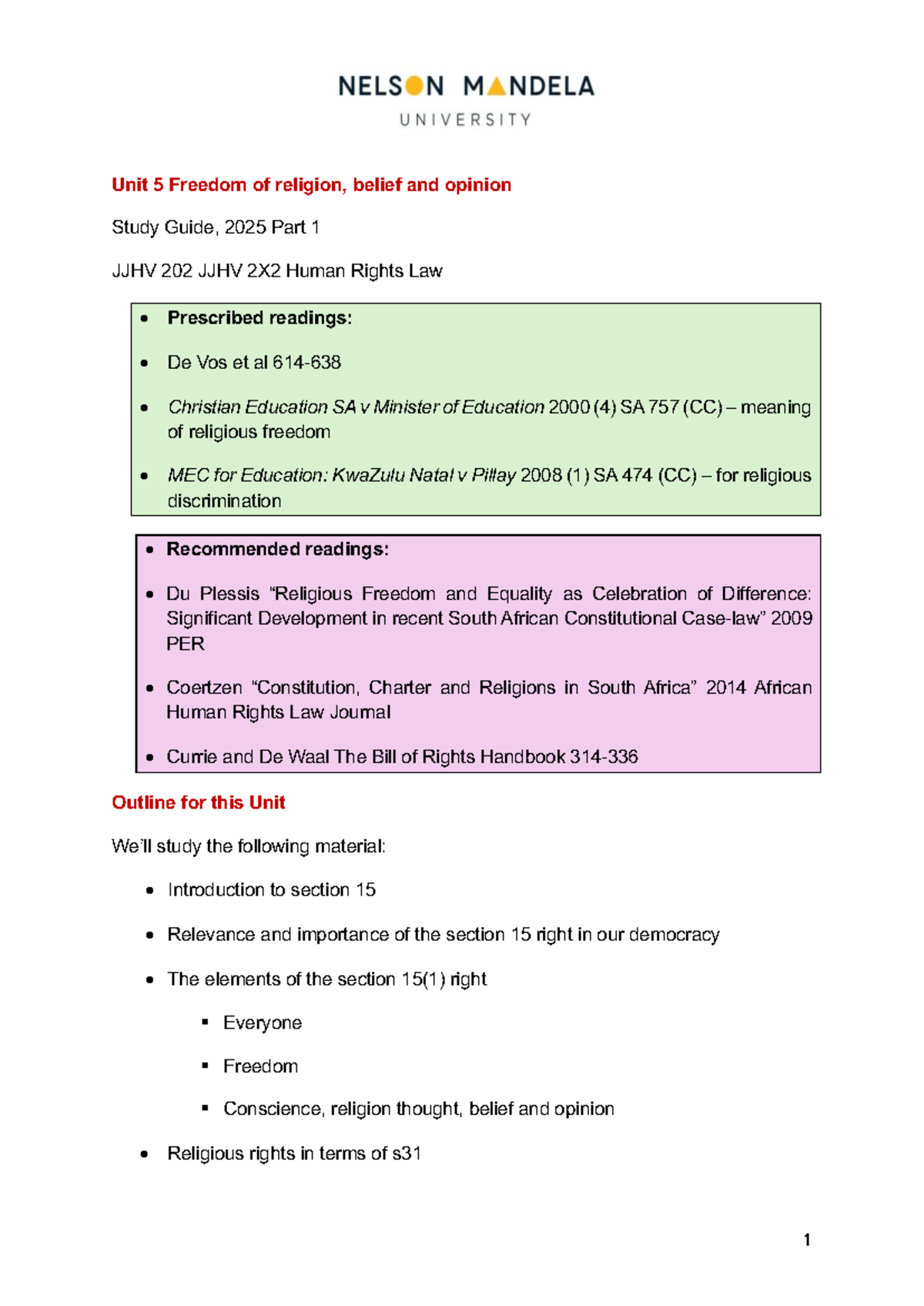Unit 5 Study Guide: Freedom of Religion, Belief & Opinion (JJHV 202 ...