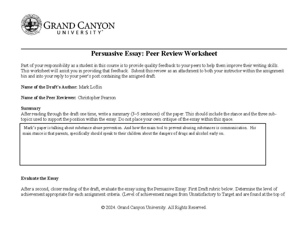 PHI-105-T-6 Peer Review Worksheet - Persuasive Essay: Peer Review ...