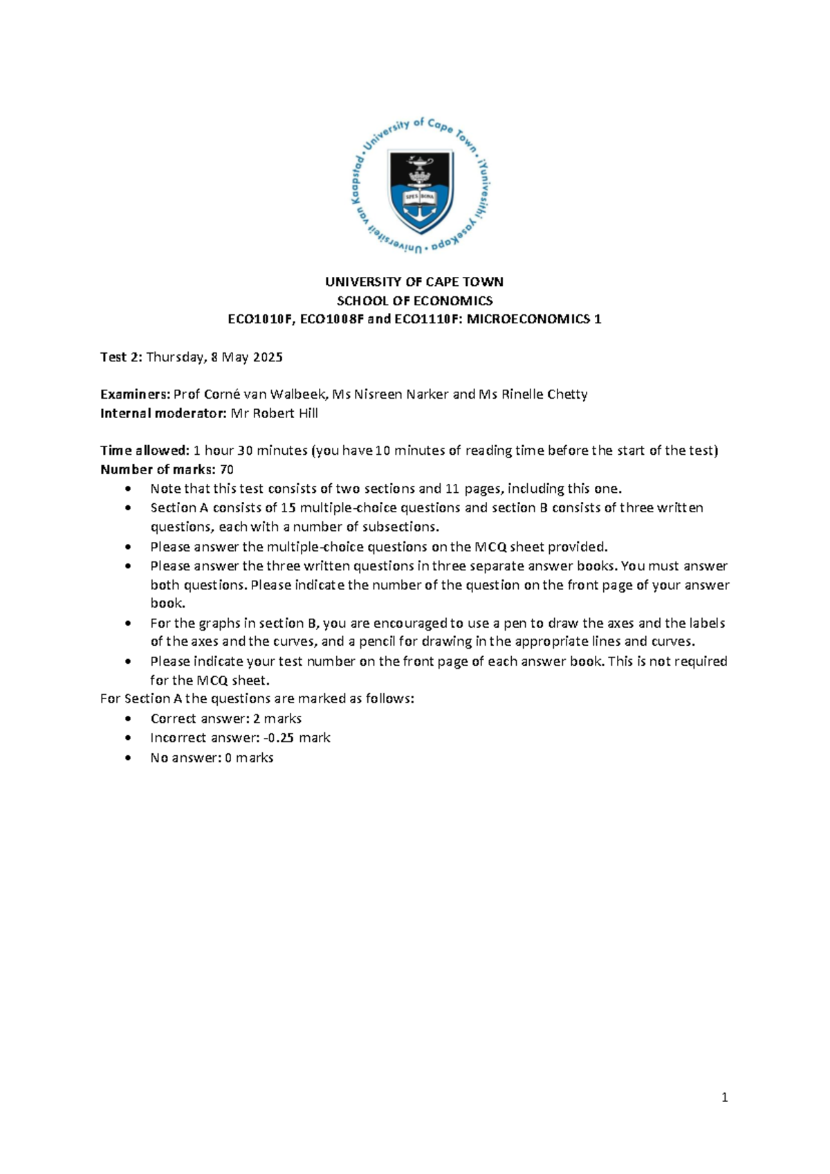 ECO1010F & ECO1008F Test 2: Microeconomics Exam Details & Guidelines ...