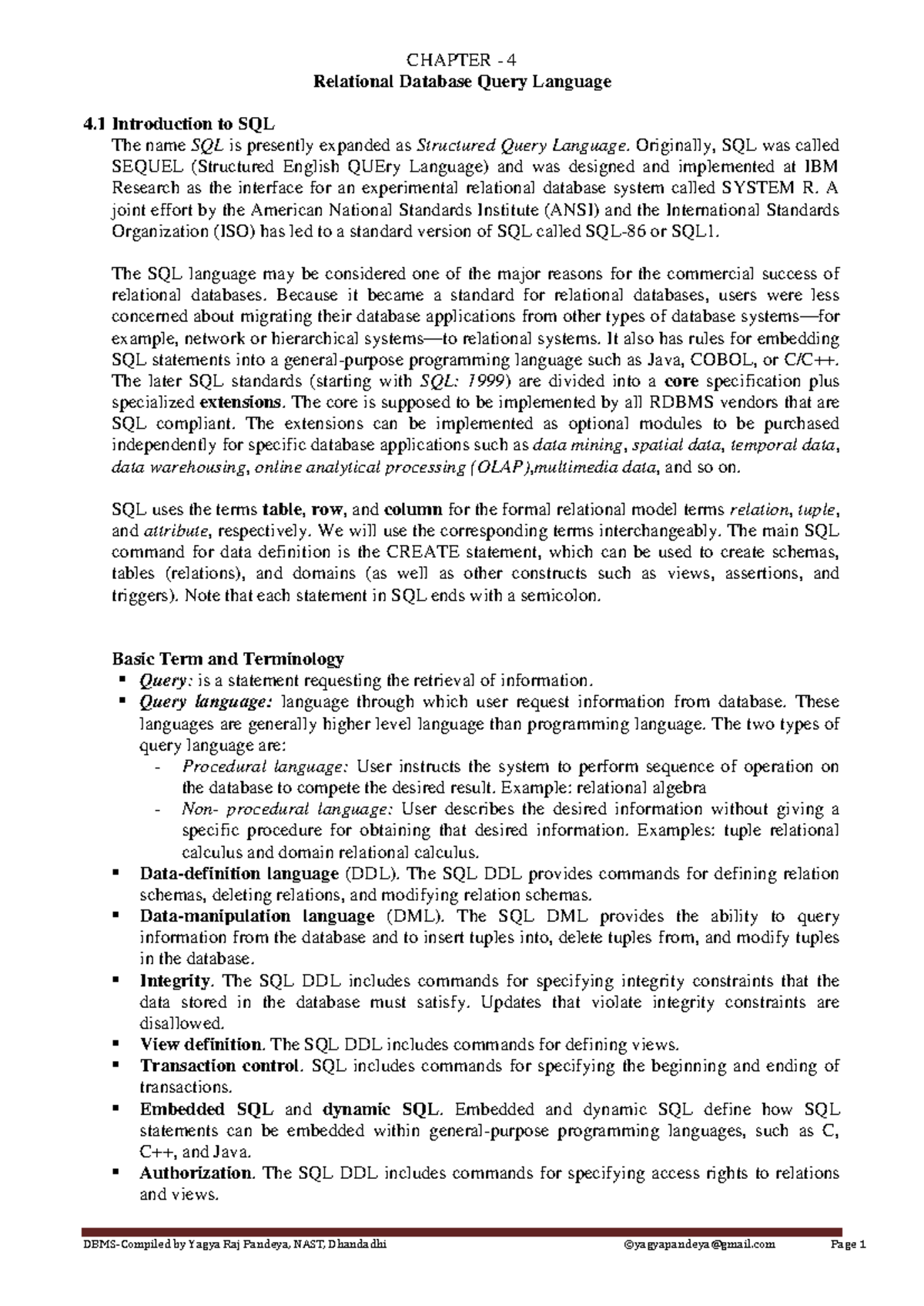 DBMS Chapter 4 - Introduction to SQL and Database Commands - Studocu
