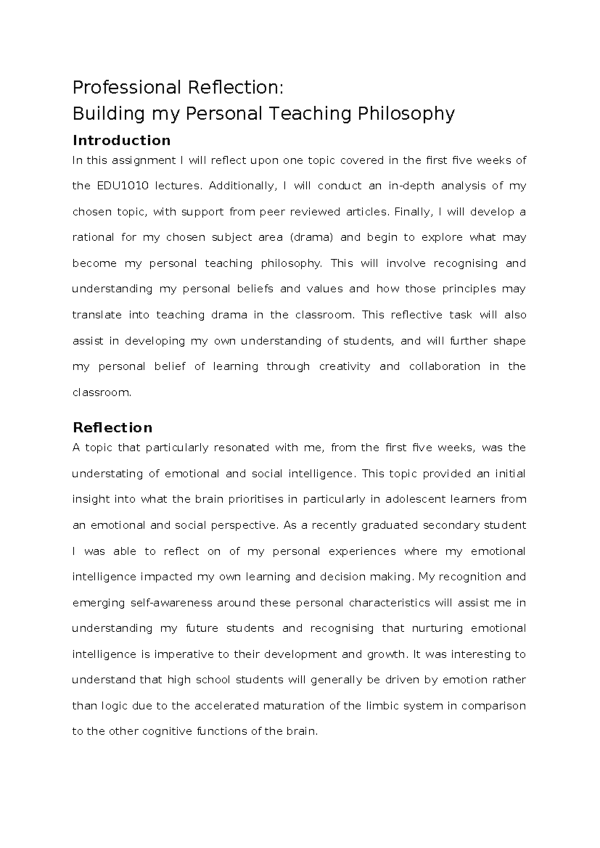 EDU1010 Final Exam: Professional Reflection on Teaching Philosophy ...