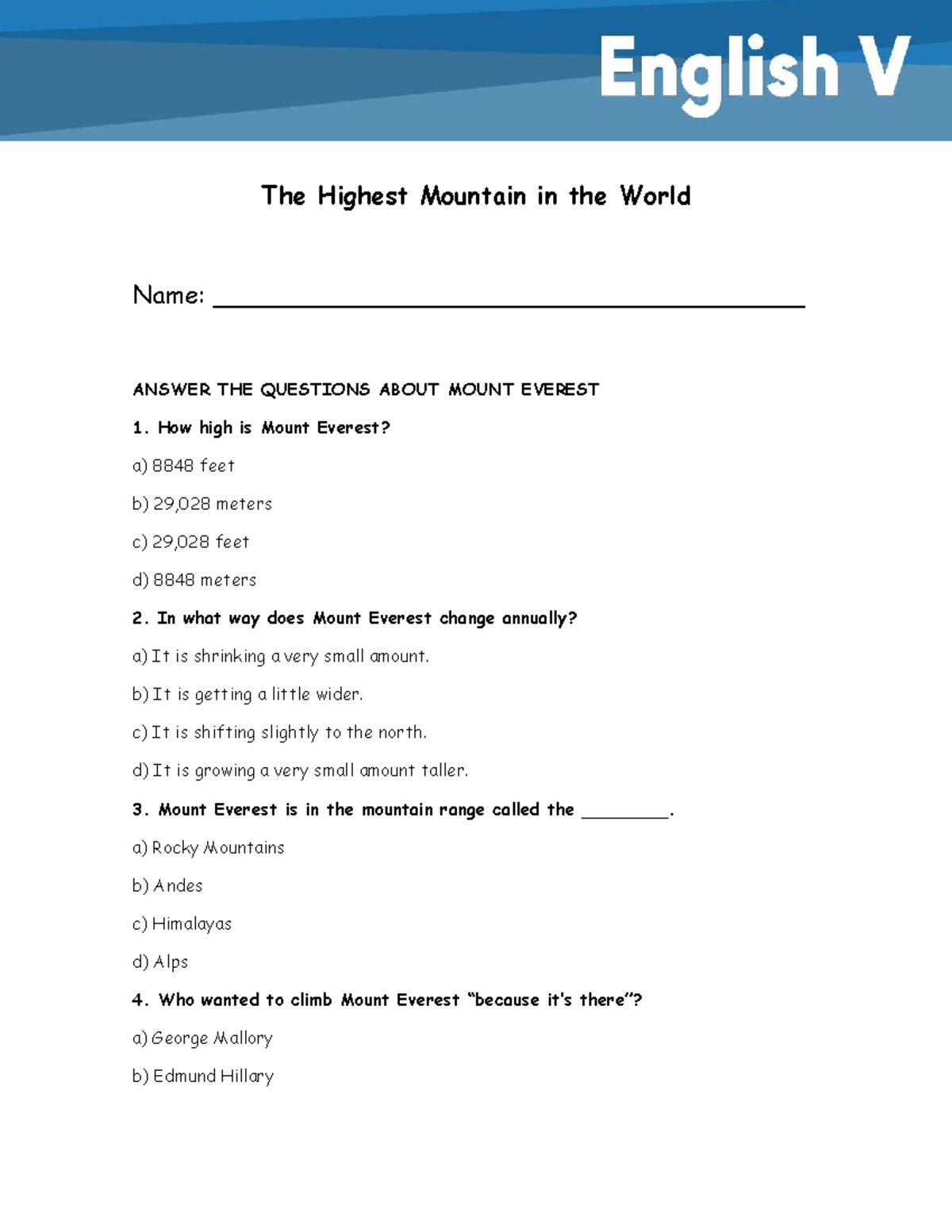 Homework 2: Questions on Mount Everest (Highest Mountain) - Studocu