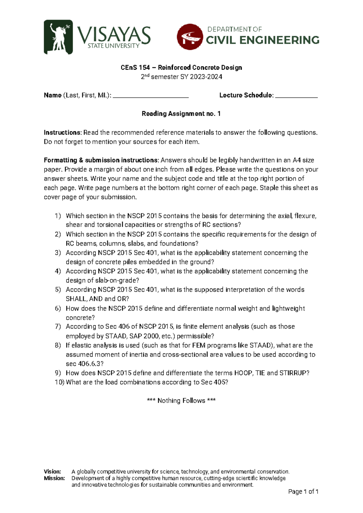 CEn S 154 Reading Assignment 1 - Vision: A globally competitive ...