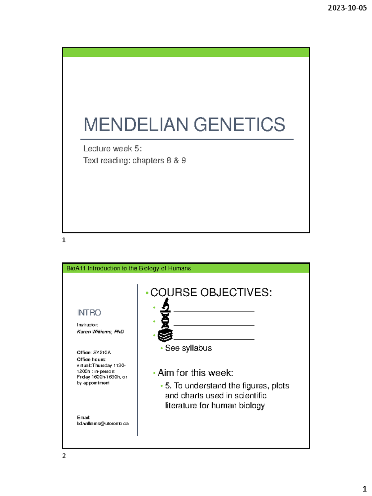 BioA11 Mendelian Genetics Lecture Notes - Week 5 Overview - Studocu
