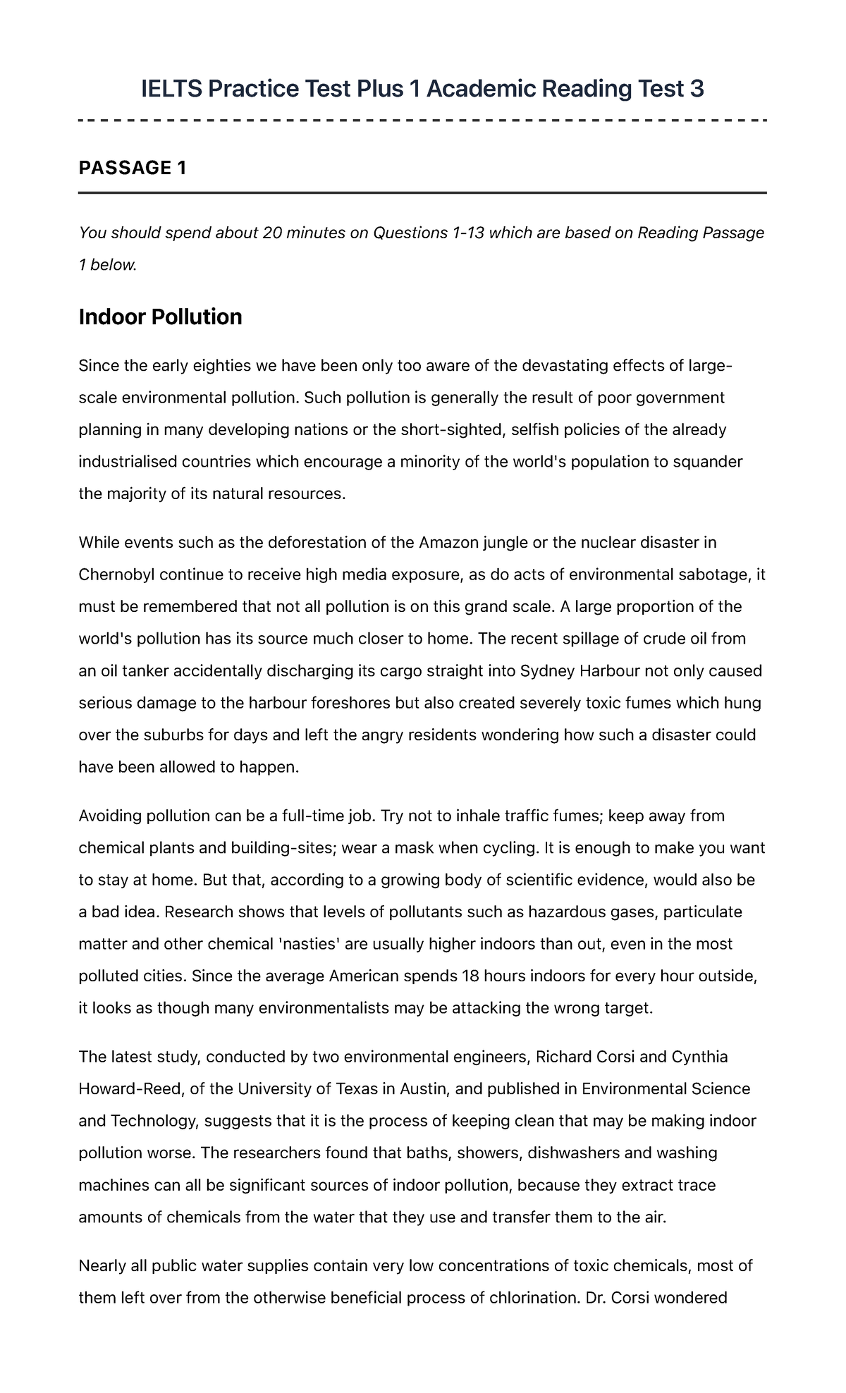 Practice Test Plus 1 AC: IELTS Reading Test 3 - Indoor Pollution ...
