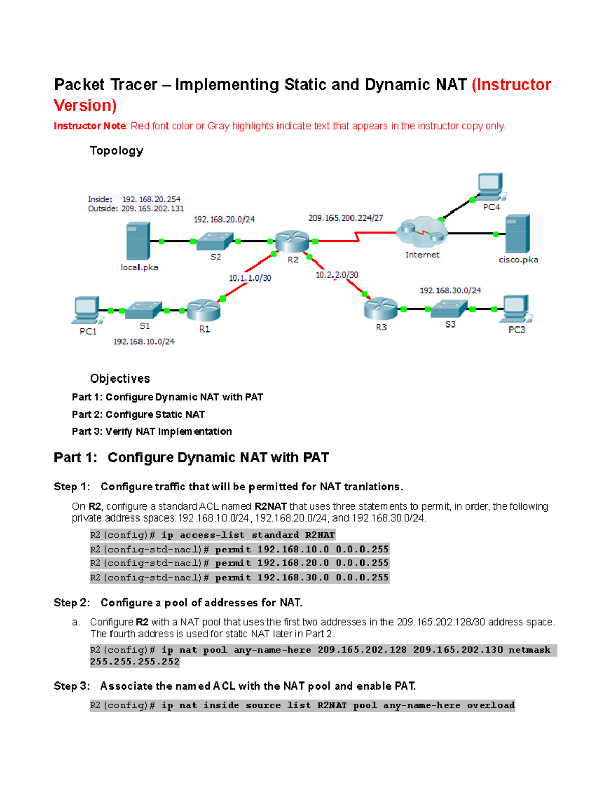 5.2.3.6 Packet Tracer - Implementing Static and Dynamic NAT Instructions IG - Packet Tracer ...