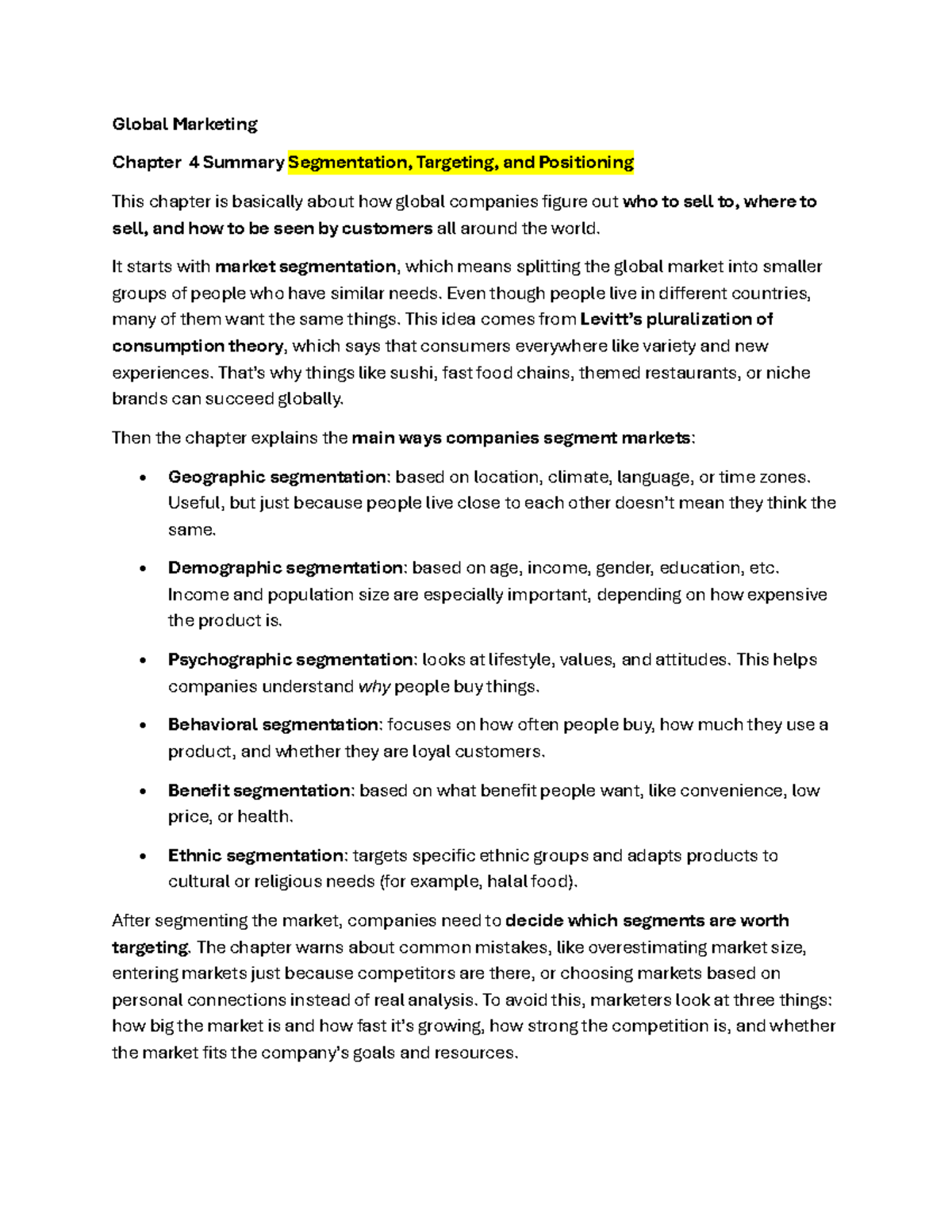 Global Marketing CH 4 Summary: Segmentation, Targeting & Positioning ...