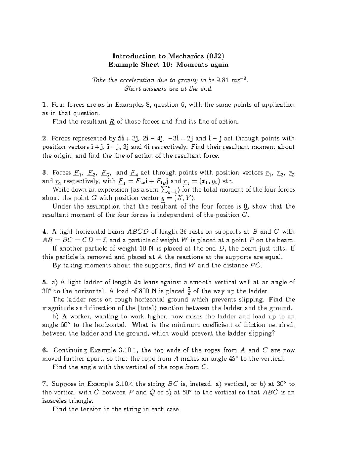 Introduction to Mechanics (0J2) Tutorial Sheet 10: Moments Analysis ...