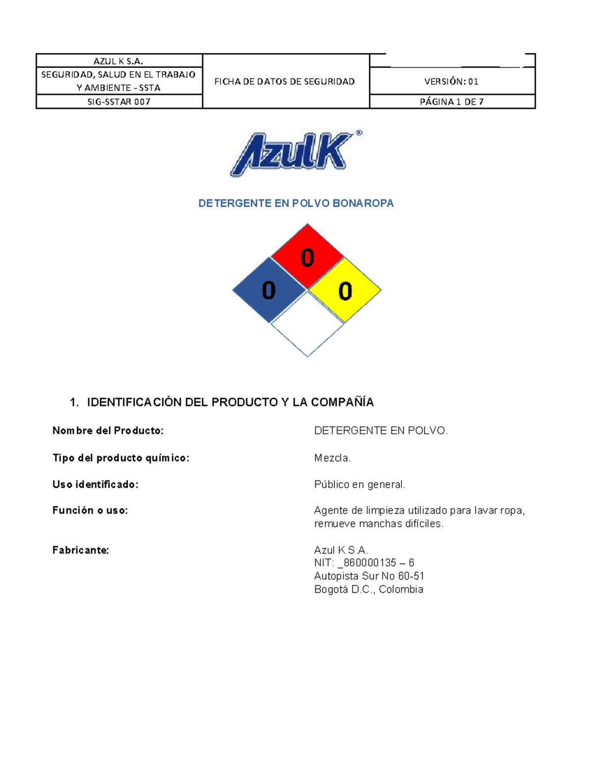 FDS Detergente en Polvo Bonaropa - Seguridad y Salud Laboral SSTA - Studocu