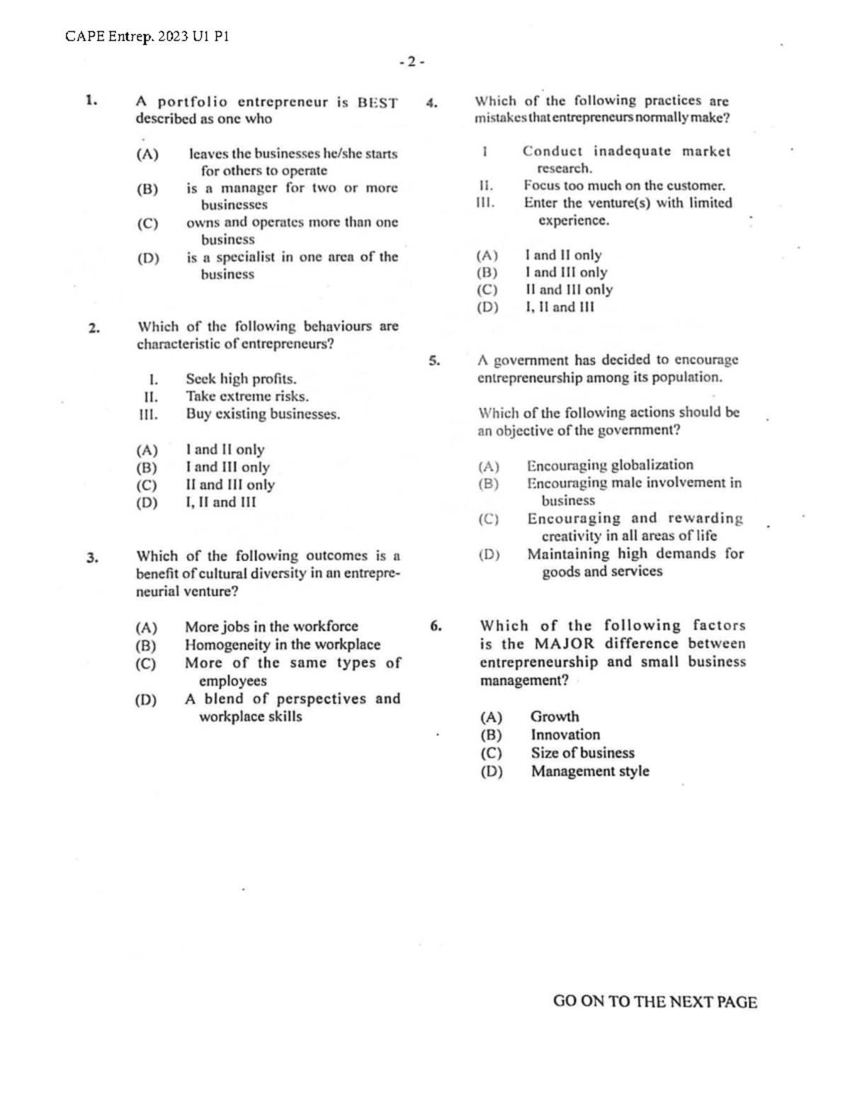 CAPE Entrepreneurship 2023 Unit 1 Part 1 Overview - Studocu