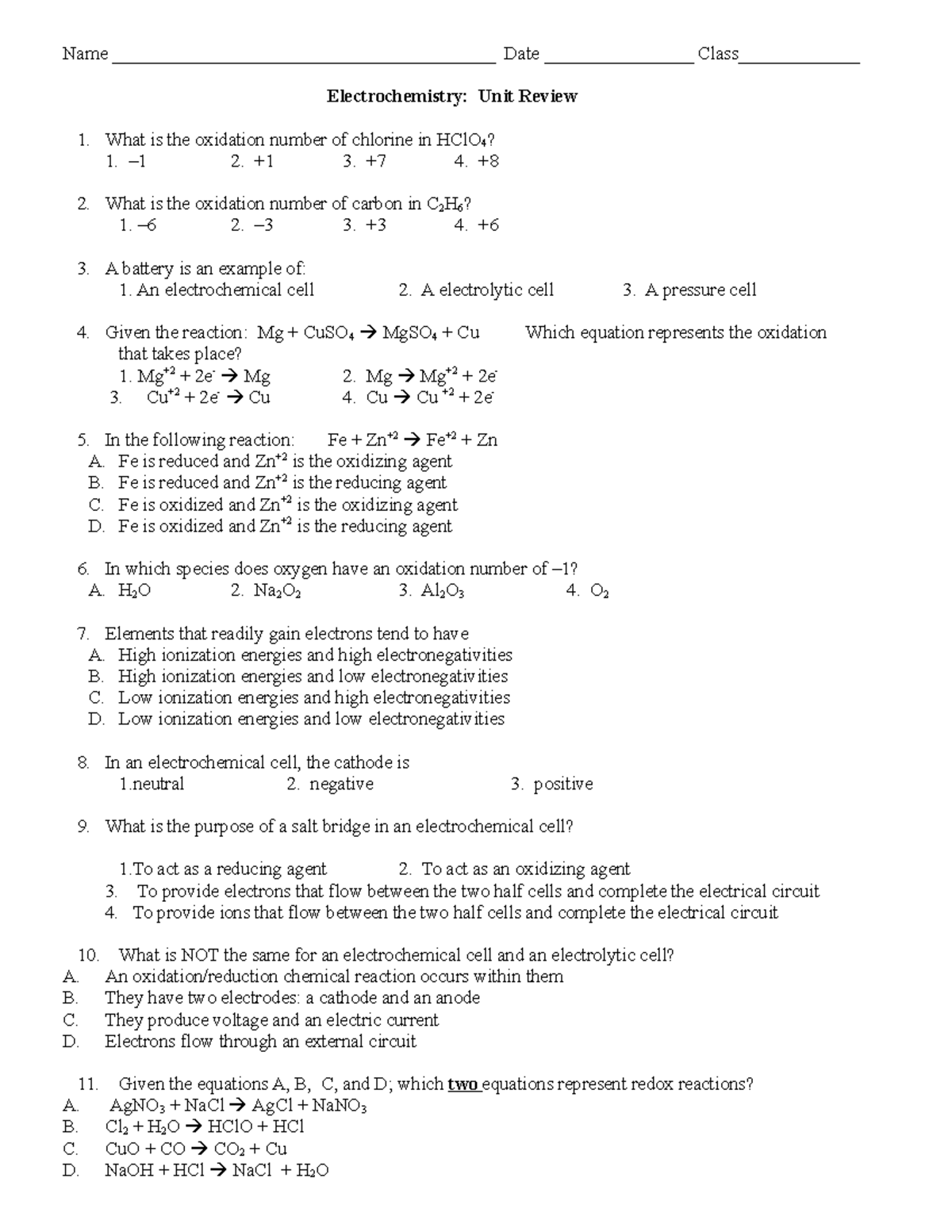 Electrochemistry Unit Review - Answer Key for Honors Course - Studocu