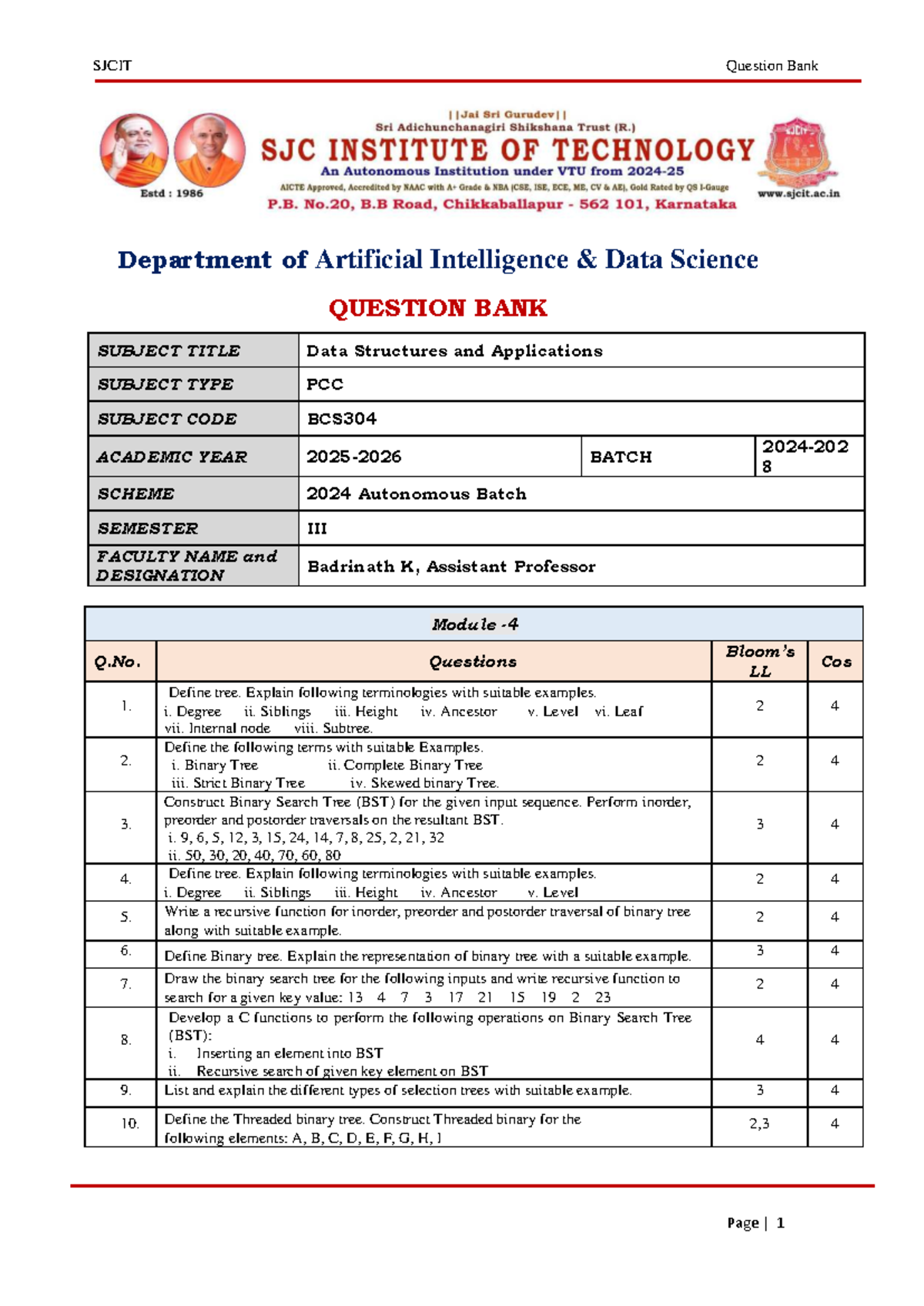 SJCIT BCS304 Question Bank: Data Structures & Applications - Studocu