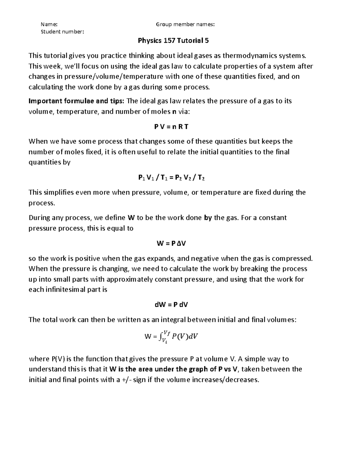 Physics 157 Tutorial 5: Ideal Gases & Thermodynamics Practice - Studocu