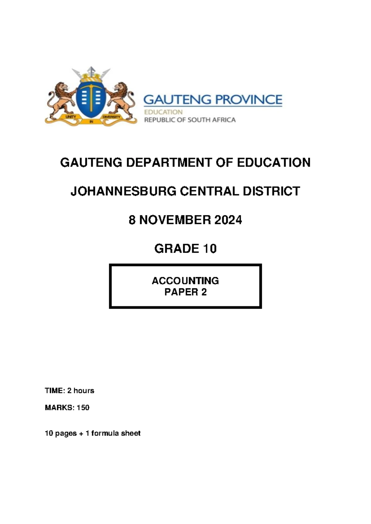 FS Accounting Grade 12 Prep Exam P2 September 2024 - Question Paper ...