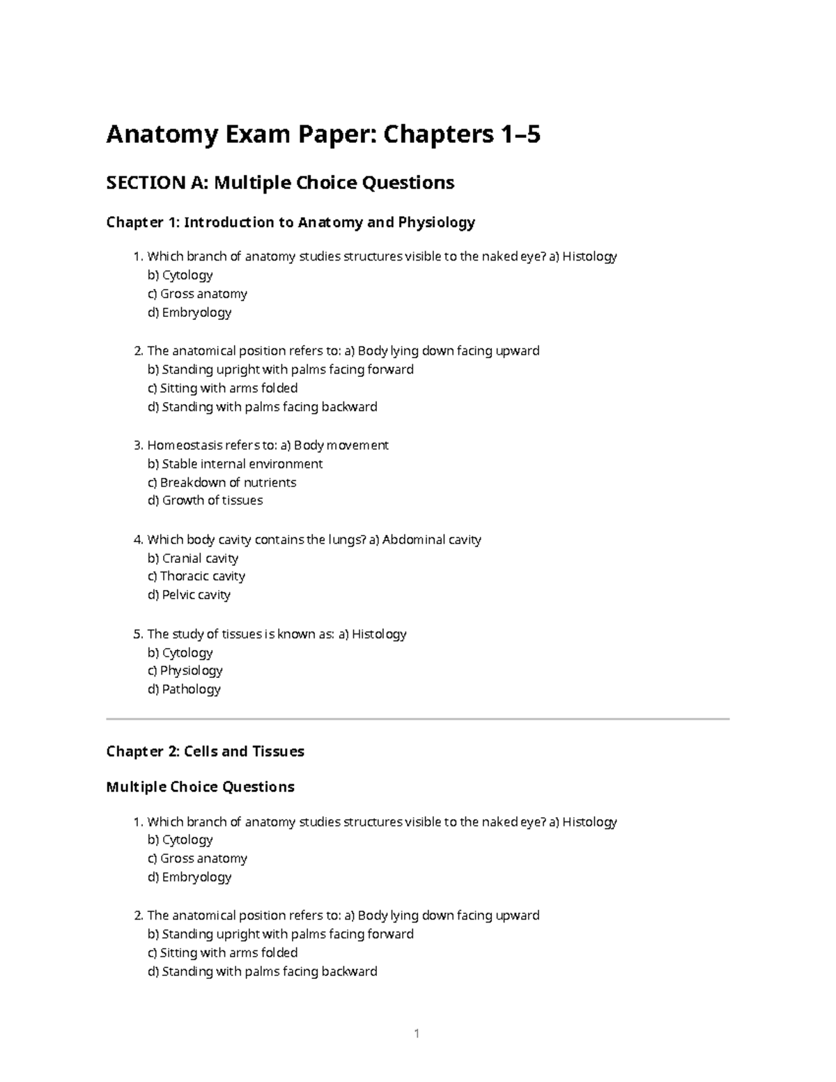 Anatomy Exam Paper: Chapters 1-5 Practice Questions and Answers - Studocu