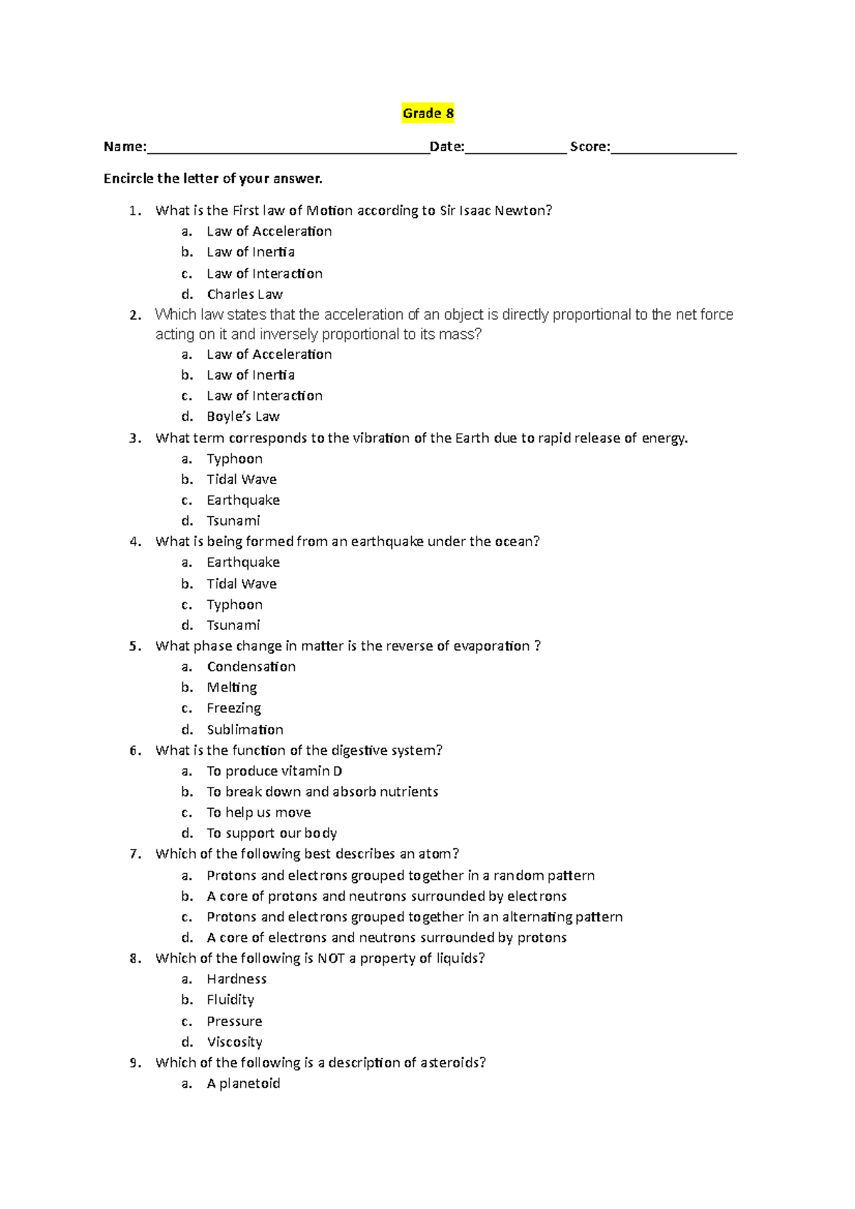 Grade-8 - Summative test can be use from 1st to 4th quarter. - Grade 8 ...