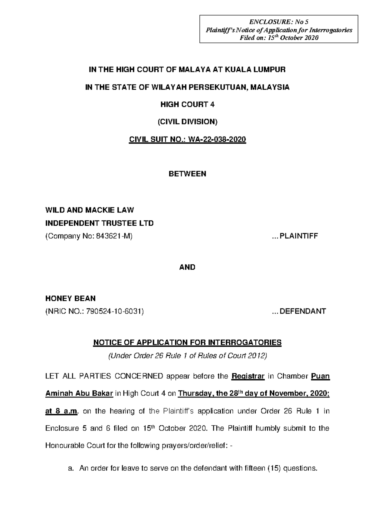 NOA WA-22-038 - Application for Interrogatories in Civil Suit - Studocu