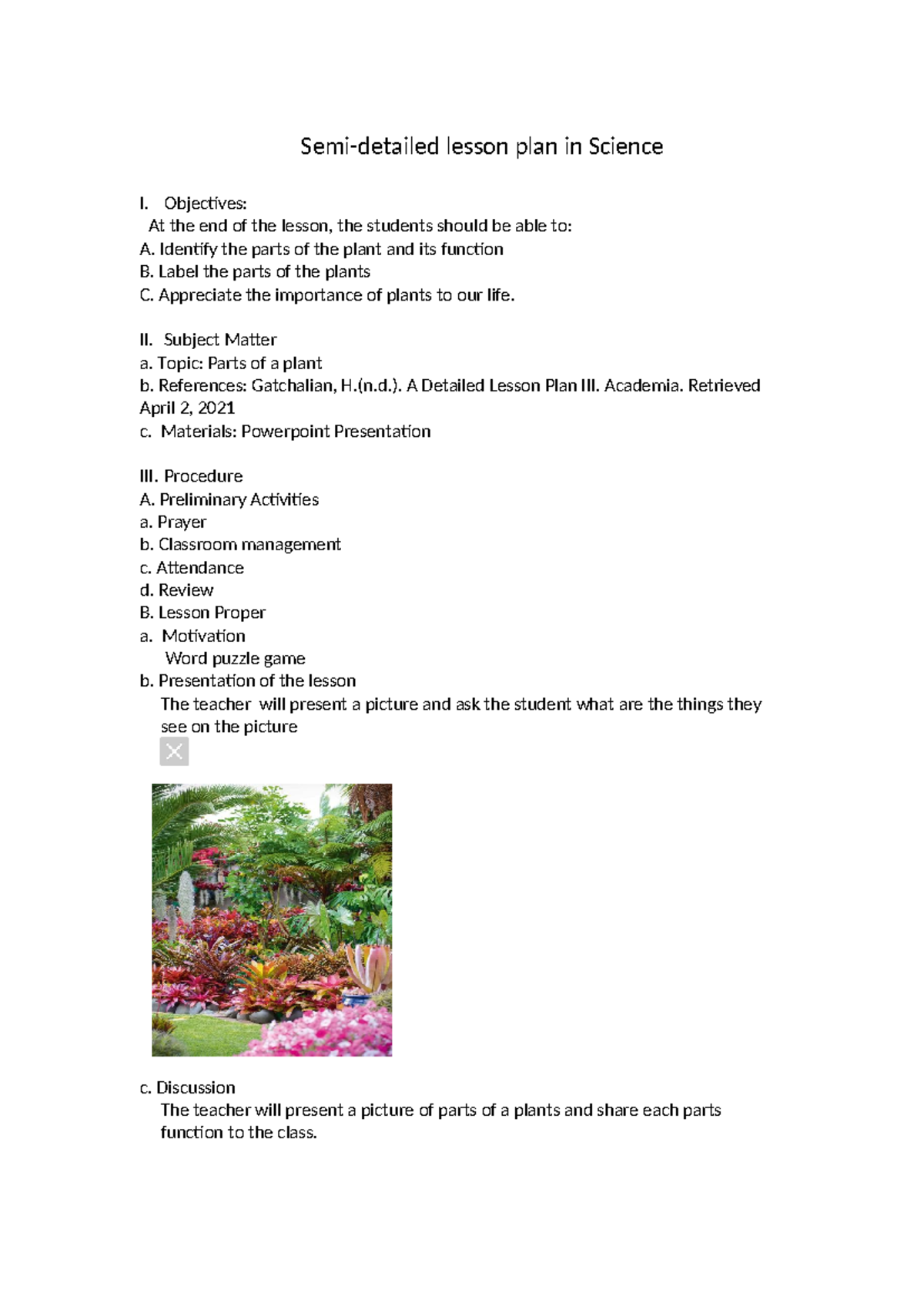 Lesson Plan: Parts of a Plant - Science I - Studocu