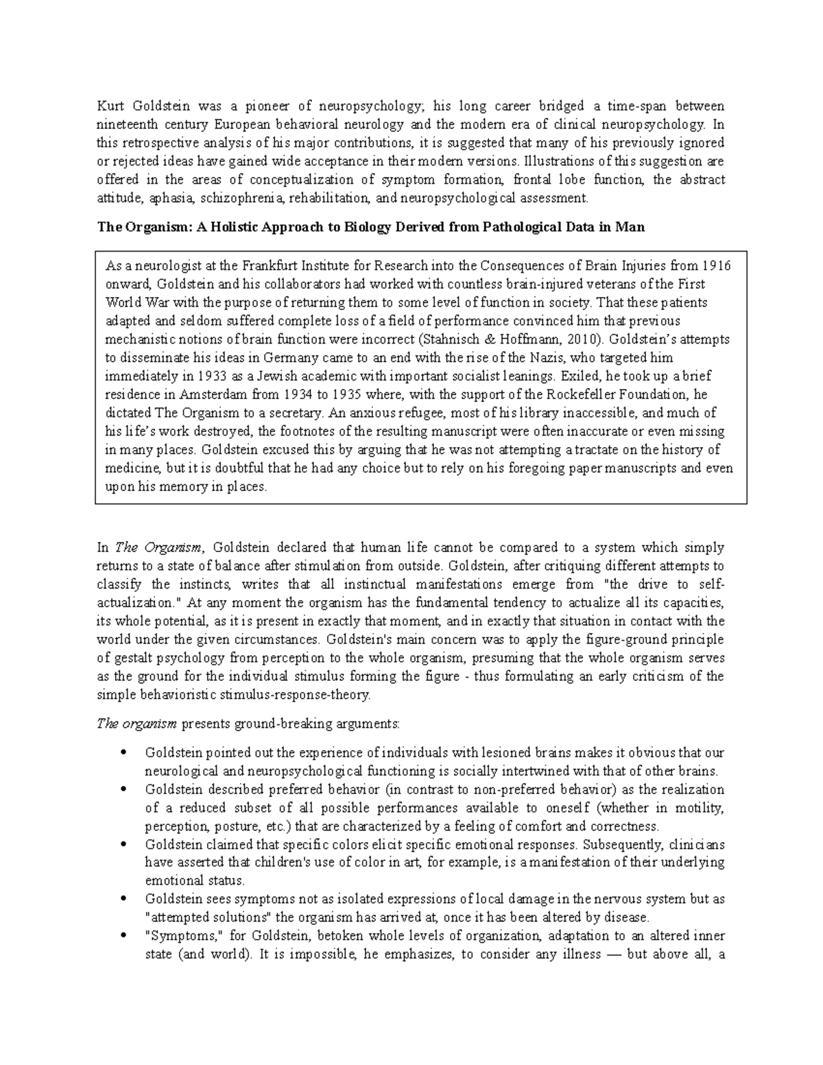 The Organism (KURT Goldstein) - Kurt Goldstein was a pioneer of ...