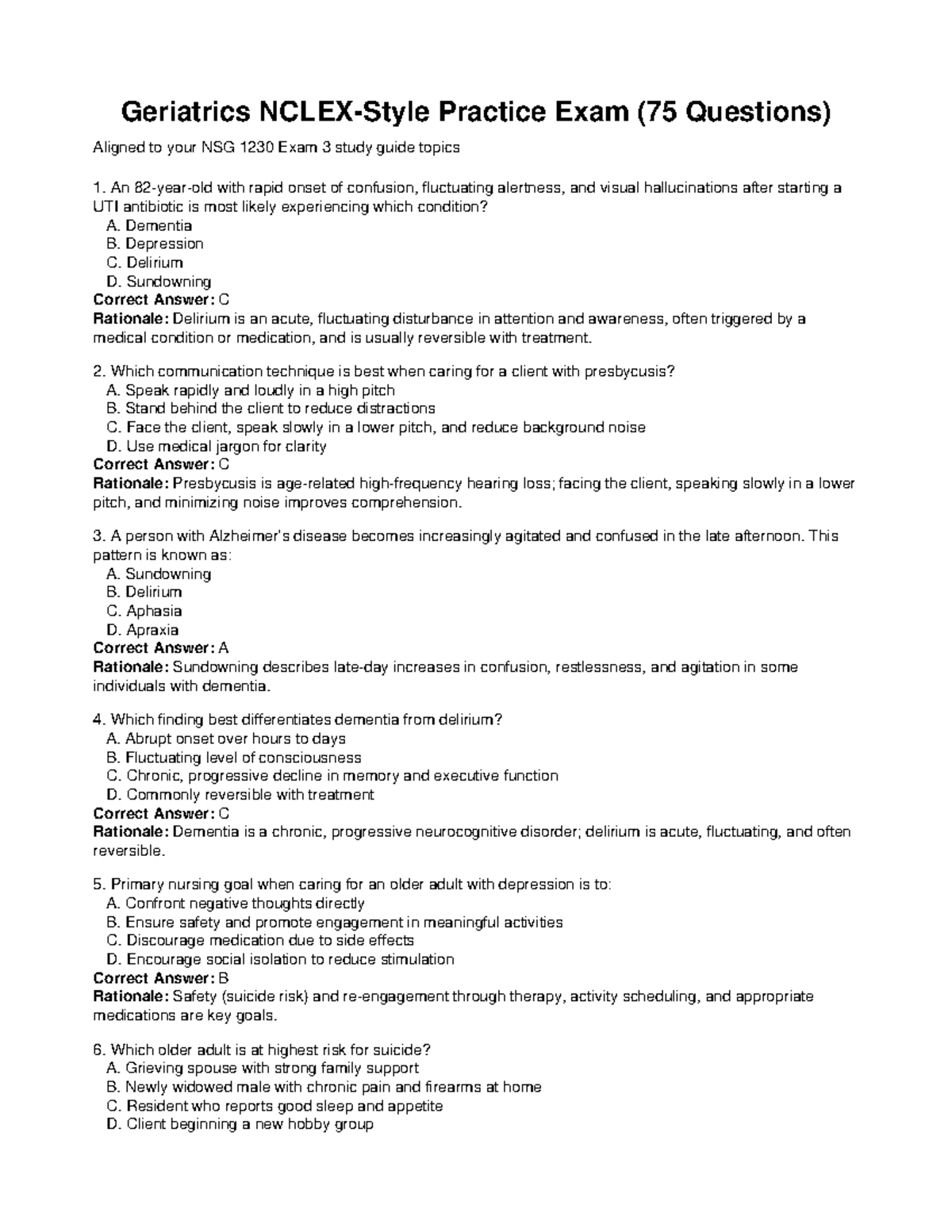 Geriatrics NCLEX-Style Practice Exam: NSG 1230 Study Guide - Studocu