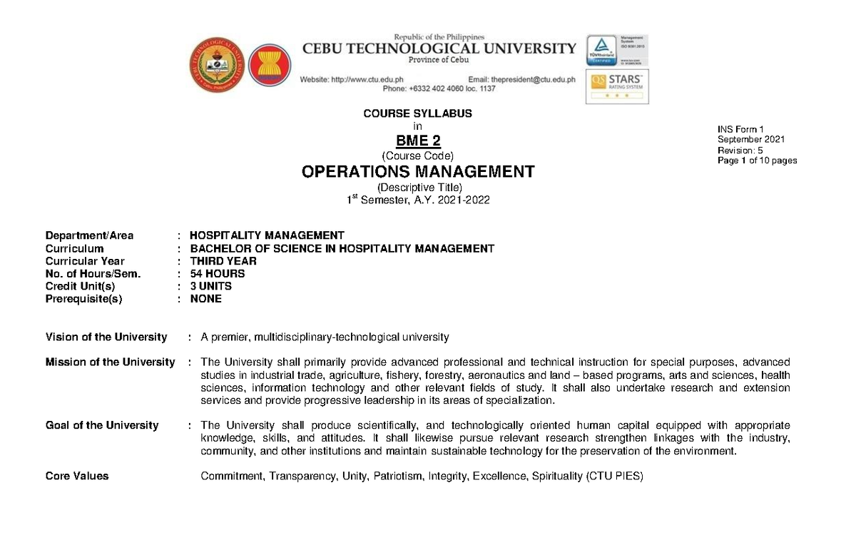 BME-2 Operations Management Course Syllabus Overview for 1st Sem 2021 ...
