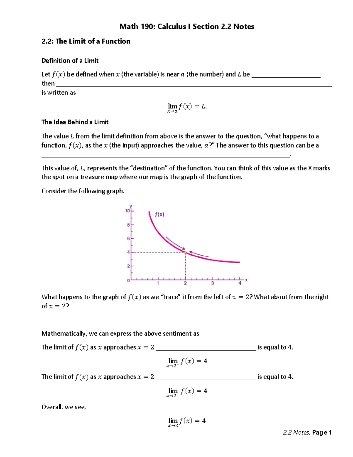 Math 190: Calculus I Section 2.2 Limit of a Function Notes - Studocu