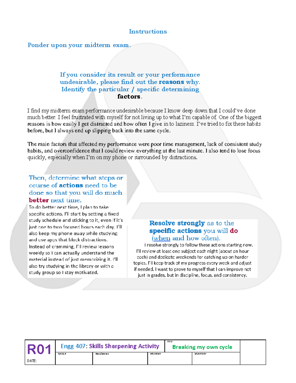 R01 Engg 407: Midterm Exam Reflection and Improvement Strategies - Studocu