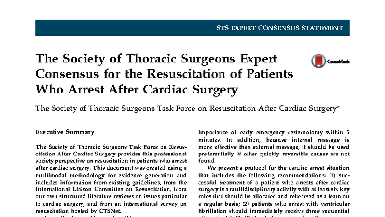 STS Expert Consensus on Resuscitation for Cardiac Surgery Patients ...
