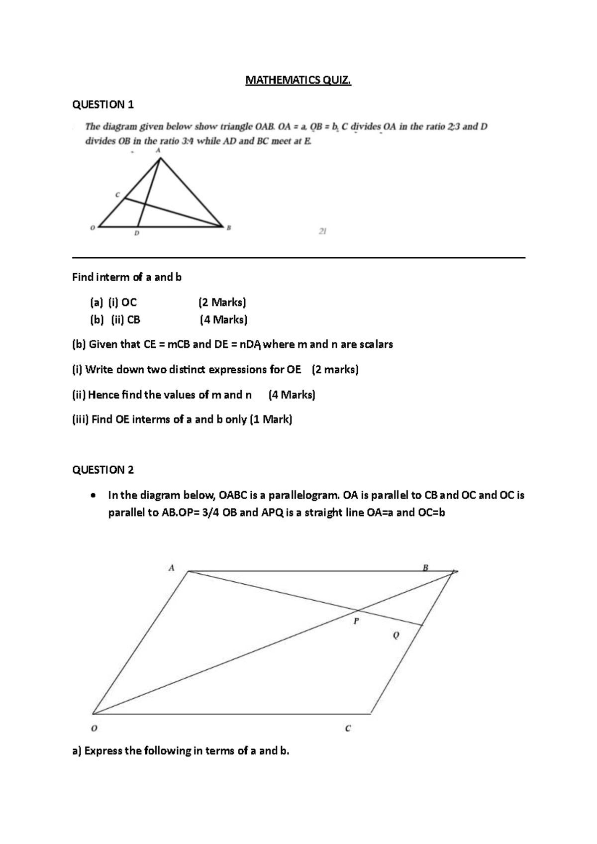 MATHEMATICS QUIZ: Expressions and Parallelograms Analysis - Studocu