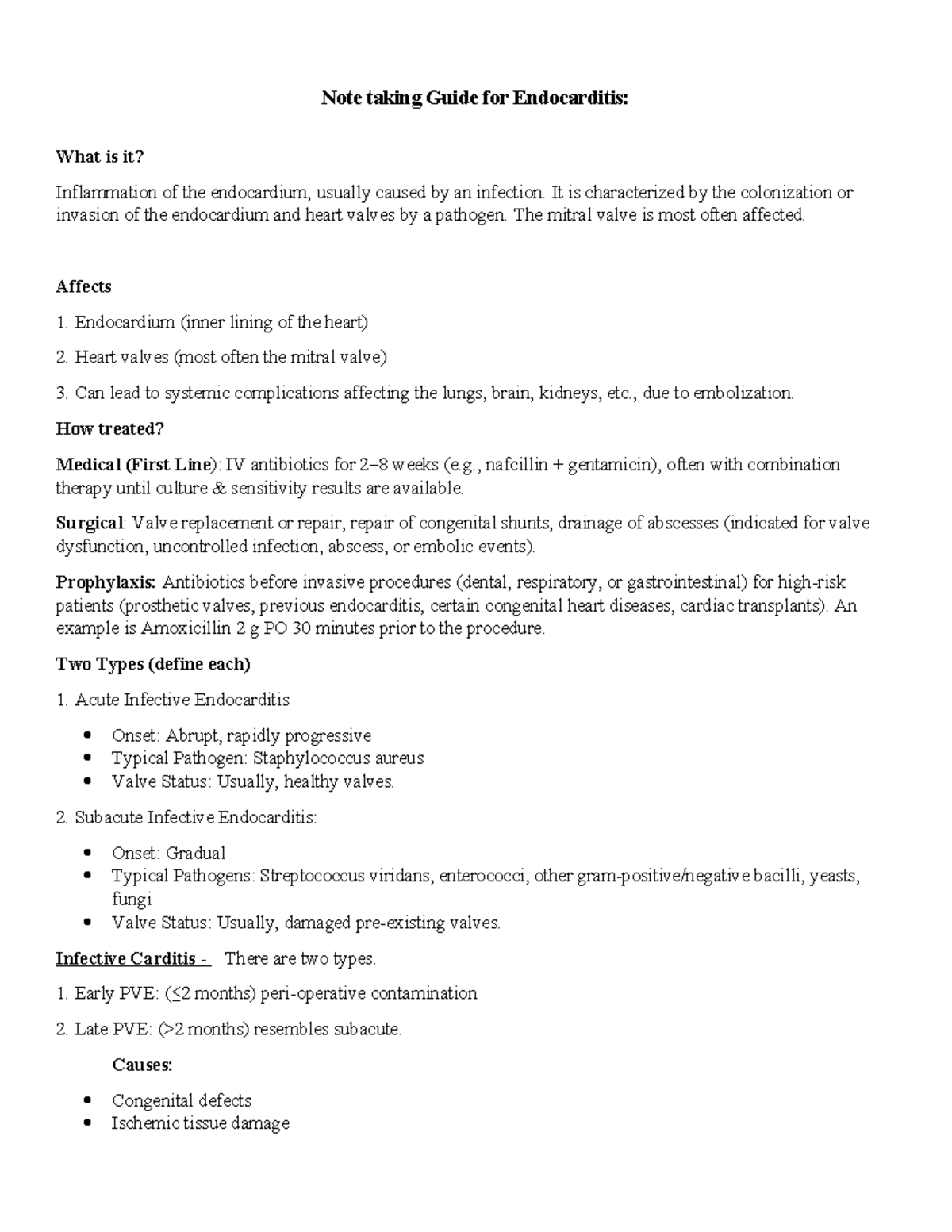Endocarditis Study Notes: Causes, Types, and Treatments - Studocu