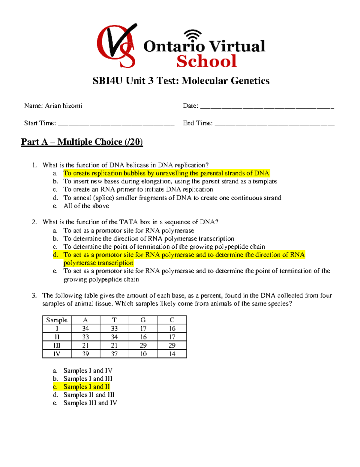 SBI4U Unit 3 Test - Molecular Genetics Review and Practice - Studocu