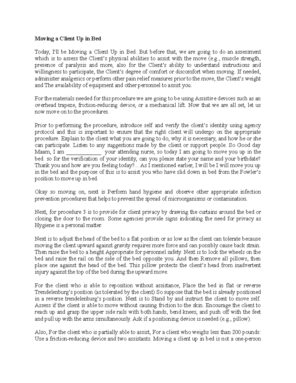 Moving a Client Up in Bed - But before that, we are going to do an ...