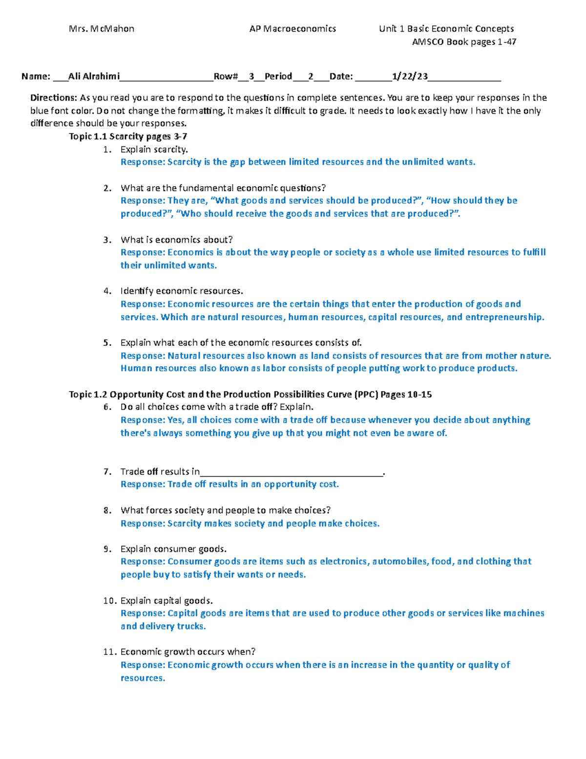 AMSCO Unit 1 Guided Reading Questions: Scarcity & Economic Concepts ...