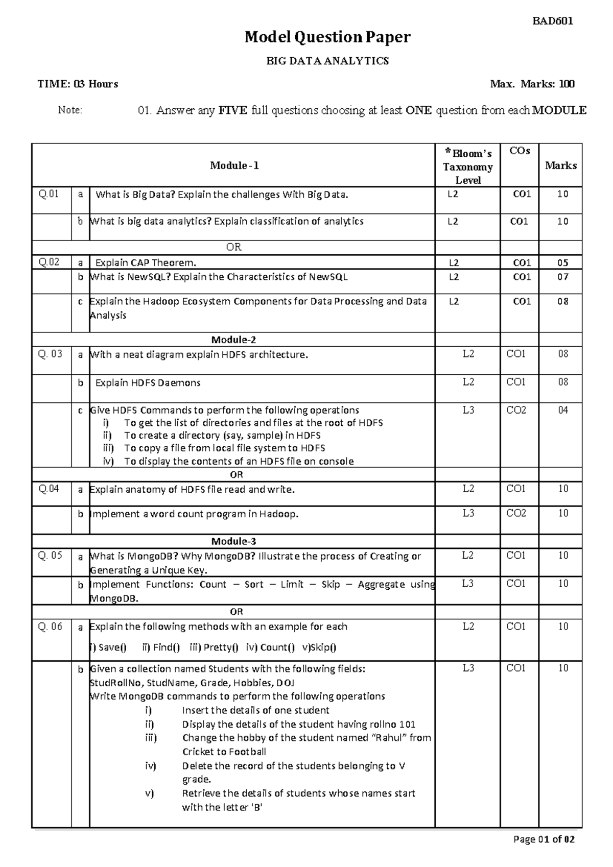 BAD601 Final Exam Model Question Paper on Big Data Analytics - Studocu