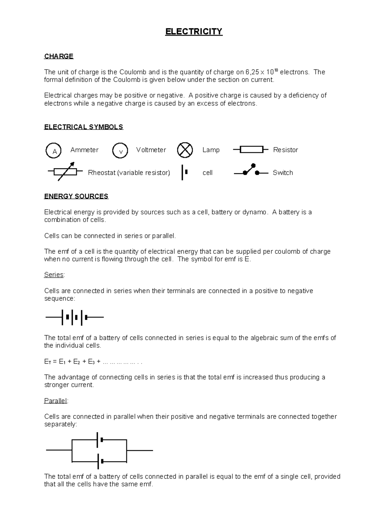 Grade 10 Notes: Electricity Concepts and Calculations - Studocu