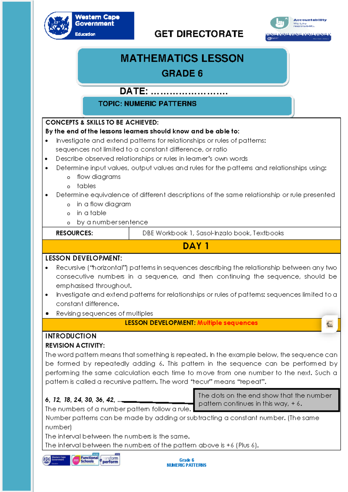 Grade 6 Mathematics Lesson Plan: Term 2, Weeks 3 & 4 - Numeric Patterns ...