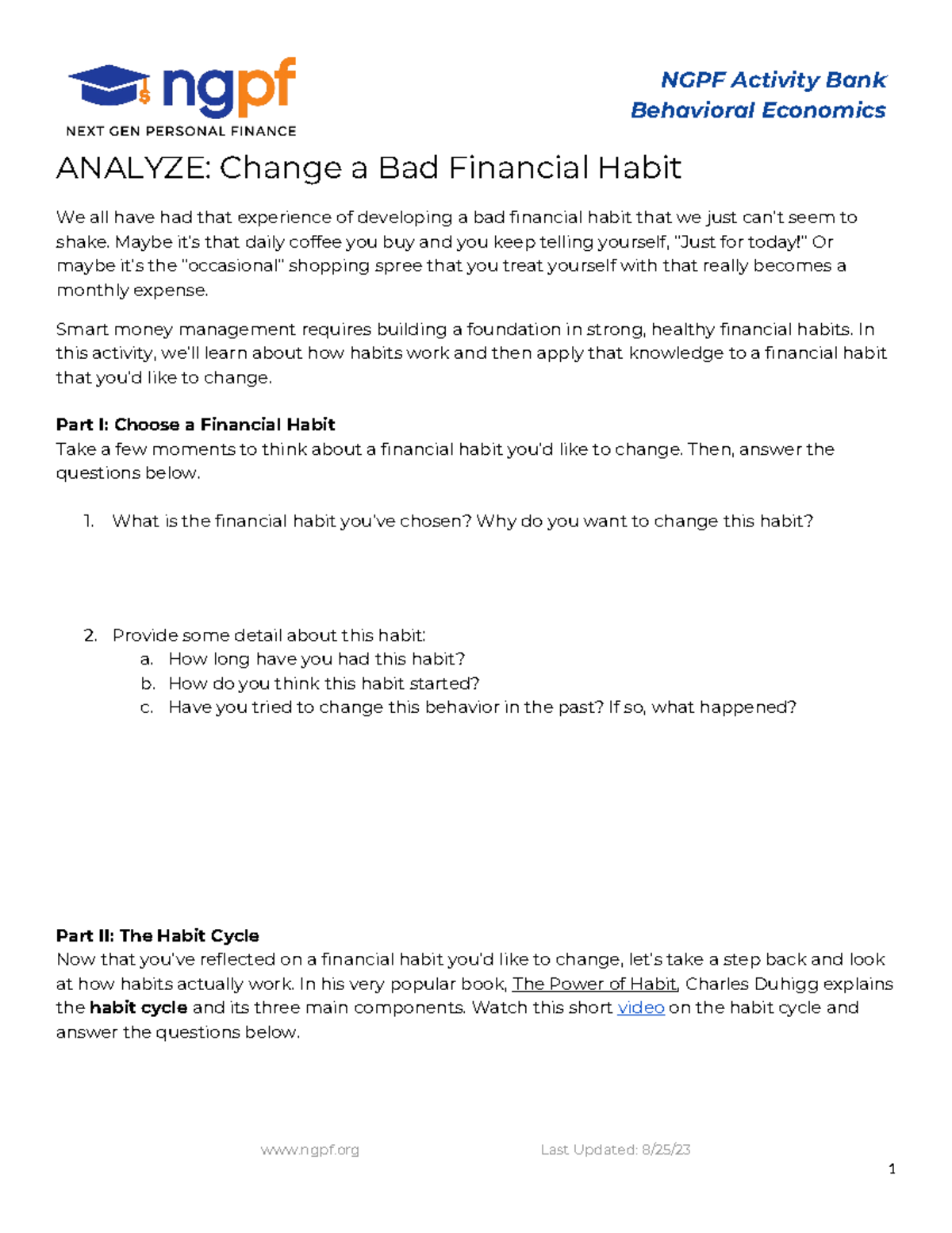 NGPF Lesson: Analyzing & Changing Bad Financial Habits - Studocu