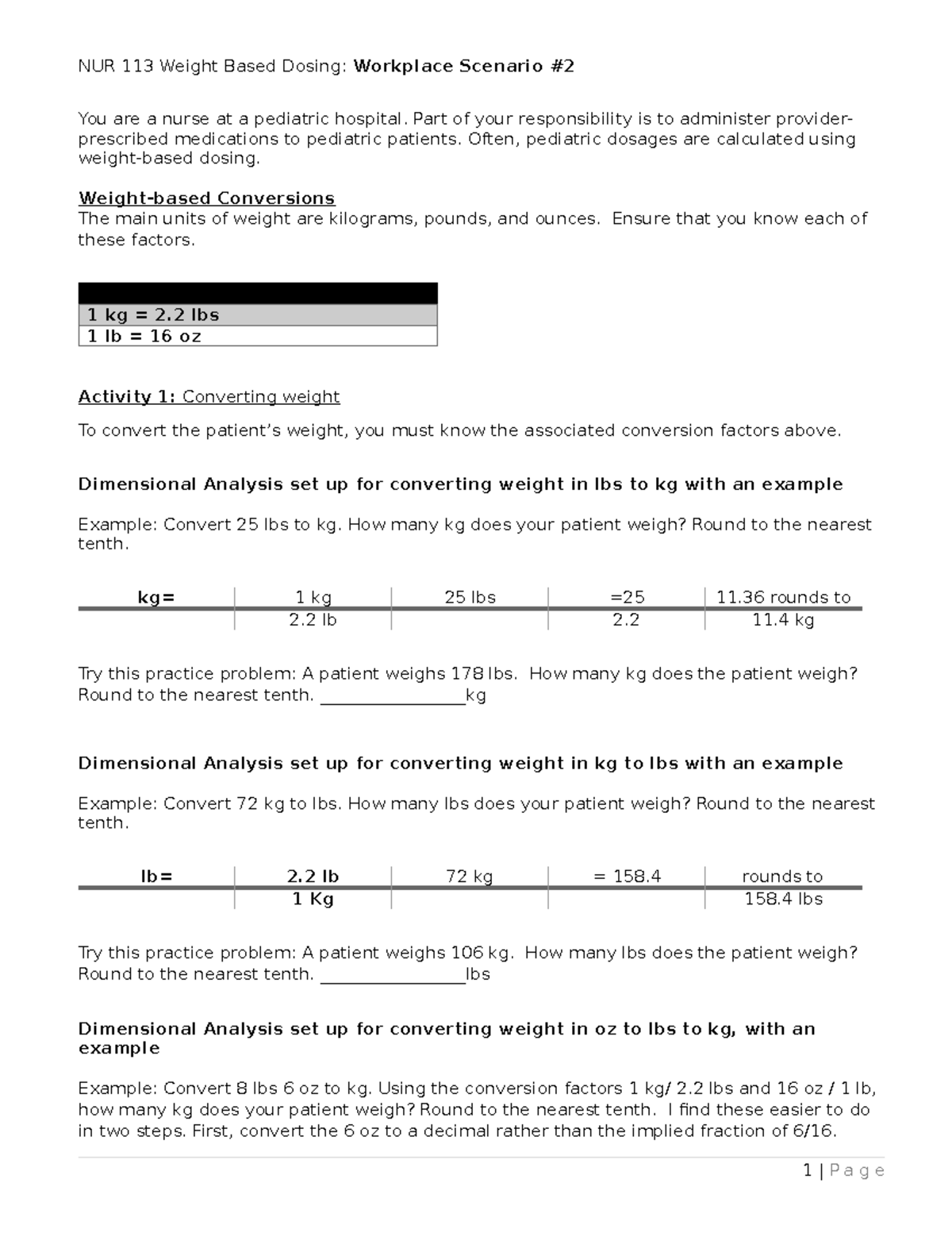 NUR 113 Weight Based Dosing: Conversions & Practice Scenarios - Studocu