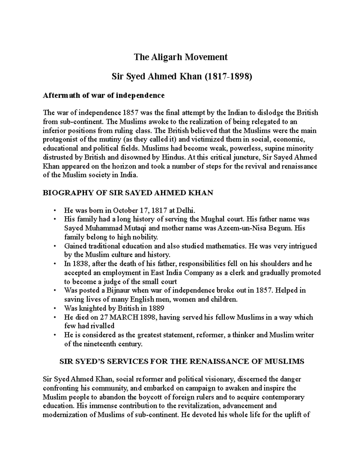 The Aligarh Movement: Sir Syed's Educational & Political Vision - Studocu