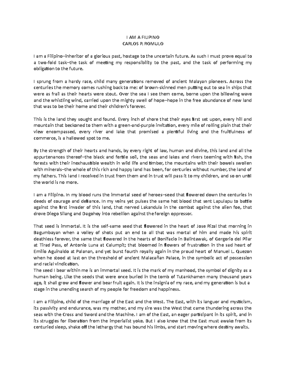 I AM A FILIPINO: Carlos P. Romulo's Inspiring Speech on Heritage - Studocu