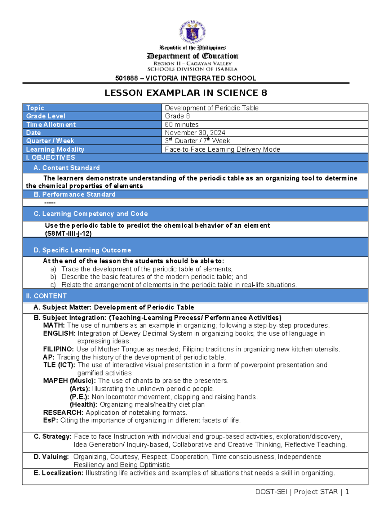 VICTORIA INTEGRATED SCHOOL SCIENCE 8 LESSON EXEMPLAR: PERIODIC TABLE ...
