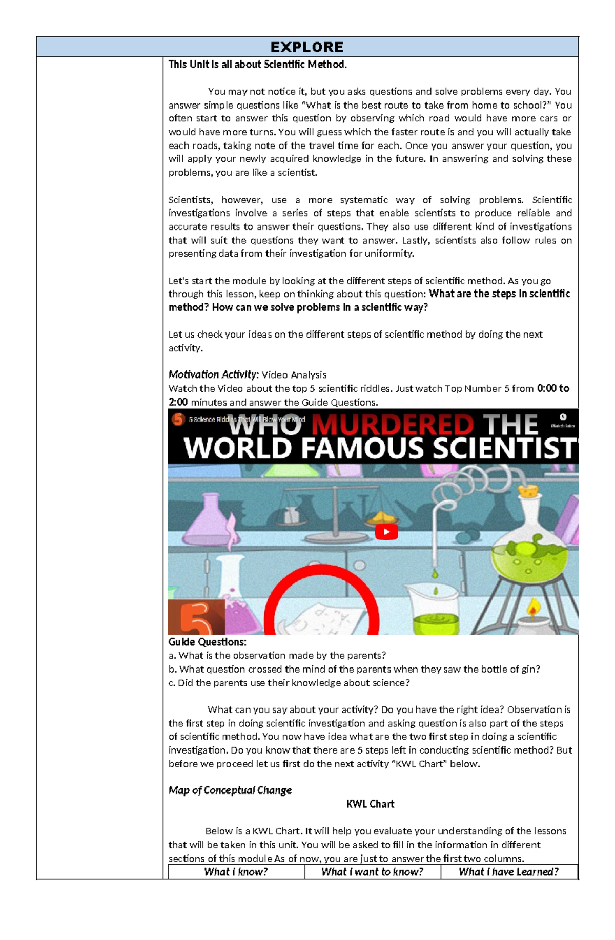 Unit Learning Plan for Grade 7 - EXPLORE This Unit is all about ...