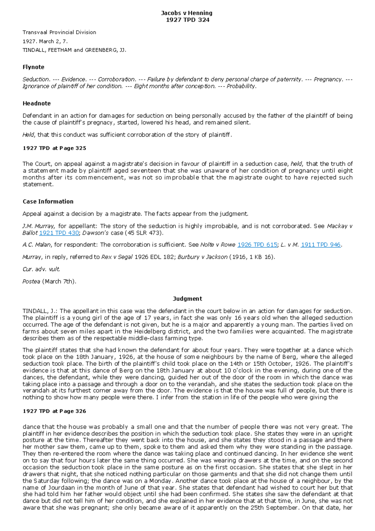Jacobs v Henning 1927 TPD 324: Case Analysis on Seduction ...