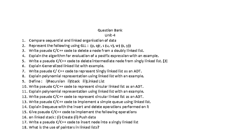 DSA- Question Bank: Linked Lists & Data Structures Concepts - Studocu
