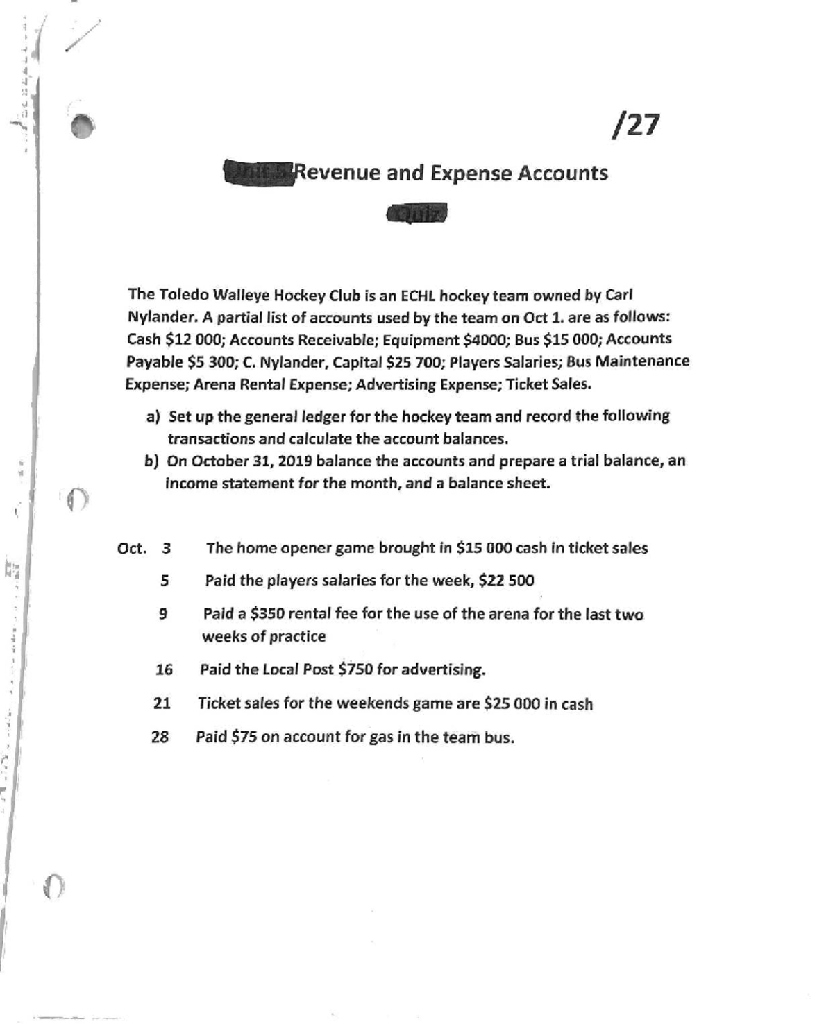 Income Statement Worksheet for Revenue & Expense Accounts - ECHL Team ...